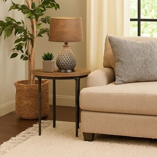 Lemy Side End Table, 22 Inch Rustic Round Brown Top, Black Metal Legs ...