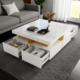 Modern 43.3" Glossy Square Coffee Table with 4 Storage Drawers, High ...