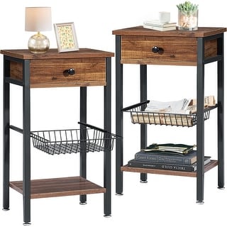 Industrial Metal Frame Nightstand Set of 2 with Drawer and Basket, Dark ...
