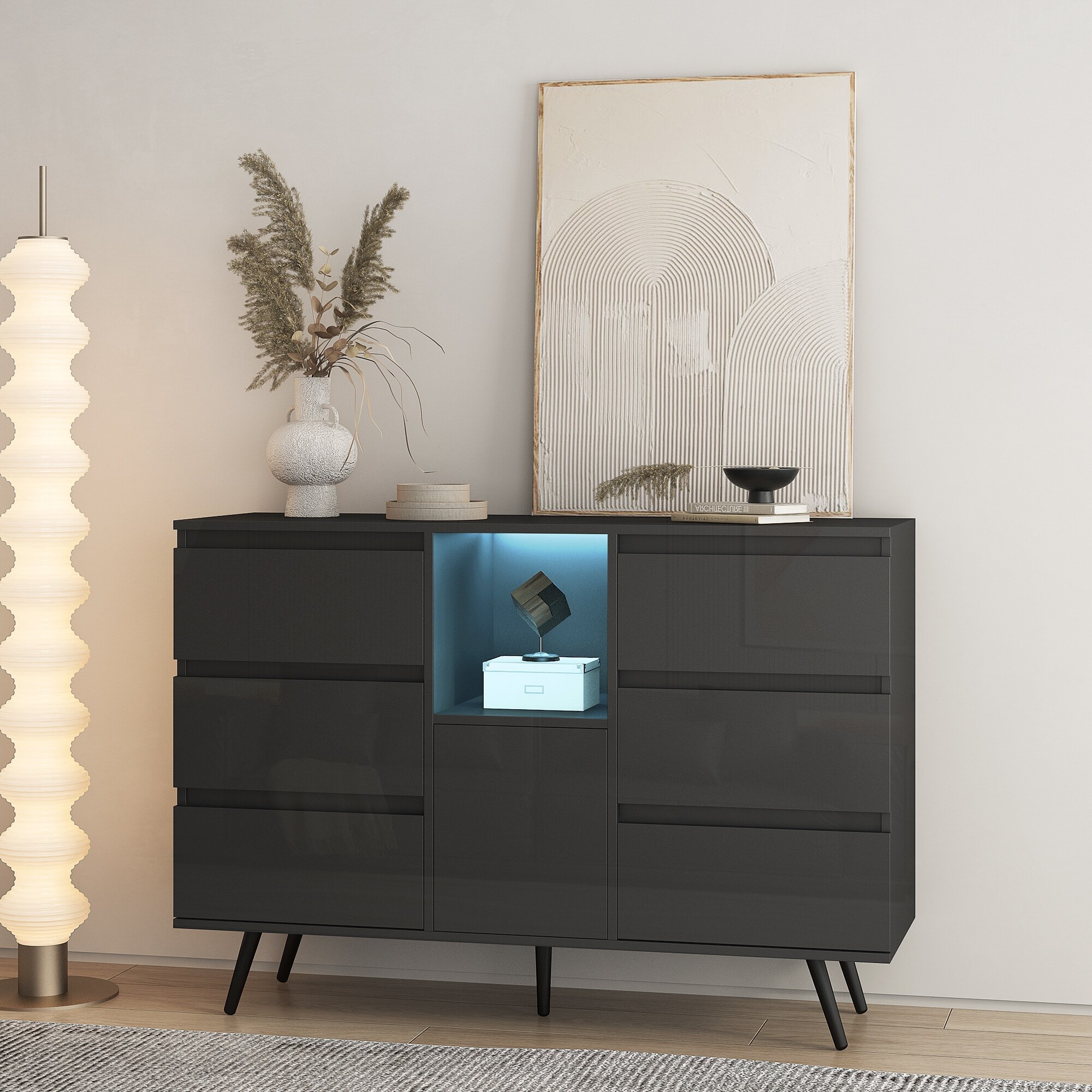 Sideboard Storage Cabinet White High Gloss with LED Light Kitchen Unit Cupboard Buffet Wooden Storage Display Cabinet Bed Bath Beyond 39886181