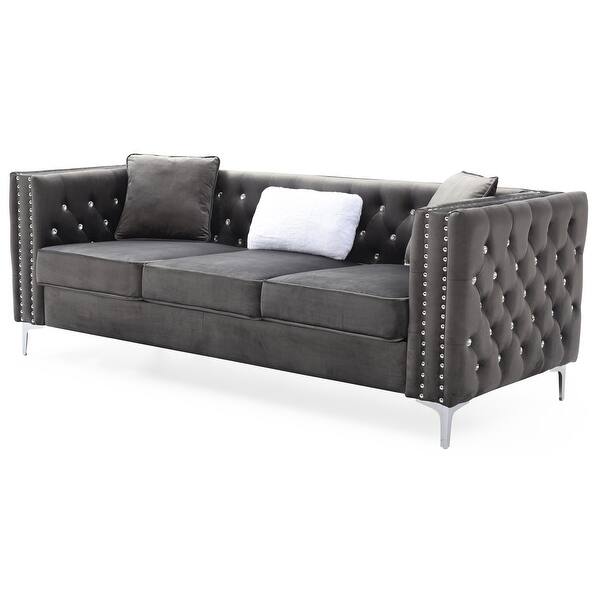 Modern Velvet Jeweled Buttoned Tufted Sofa with Chrome Plated Legs and ...