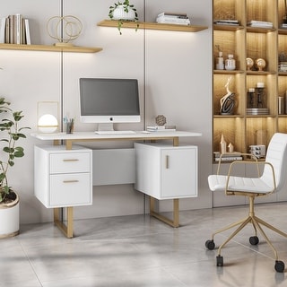 White and Gold Desk for Office with Drawers Computer Desk Ample Storage ...