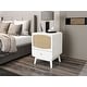 White Rounded-corner Bedside Table with Storage Drawe & Natural Rattan ...