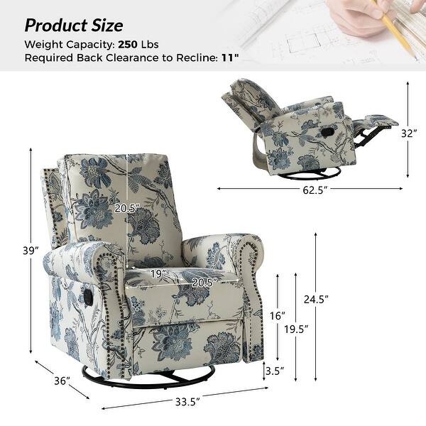 Roderich Farmhouse Floral Print Swivel Rocker Recliner with Rolled Arms ...