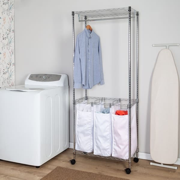 Honey-Can-Do Rolling Triple Laundry Sorter with Clothes Rod and Shelf ...