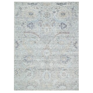 Shahbanu Rugs Ivory Soft and Lush Sickle Leaf Design Silk With Textured ...