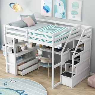 White Full Loft Bed with Desk&Shelves, 2 Drawers, Storage Staircase ...