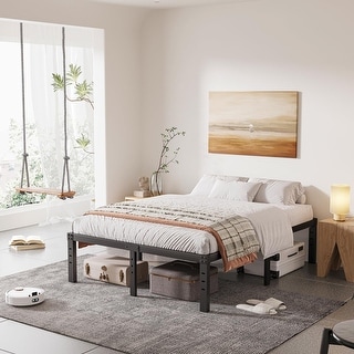 16 Inch Black Metal Platform Bed Frame With Wood Slats Support - Bed ...