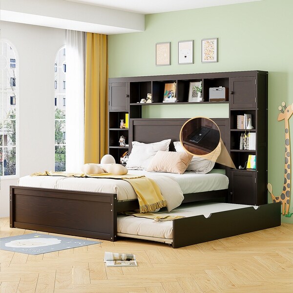 Queen Platform Bed with 2 Storage Drawers Trundle Wooden Bookcase Bed Frame with All in One Cabinet Shelf Sockets Espresso On Sale Bed Bath Beyond 40216369