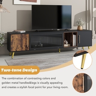Two-Tone TV Stand with Golden Metal Legs, Fluted Glass Door TV Storage ...