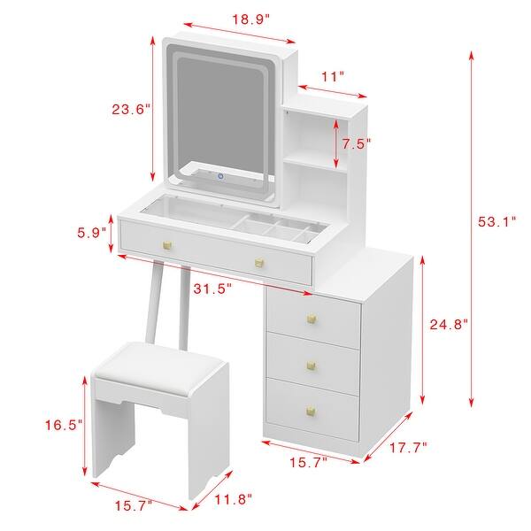 Vanity Set wi/Color Touch Screen Mirror and Cushioned Stool Glass Top ...