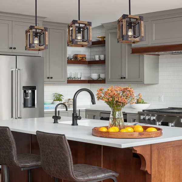 Anmytek Farmhouse 1 Light Wood Metal Cage Pendants Light For Kitchen