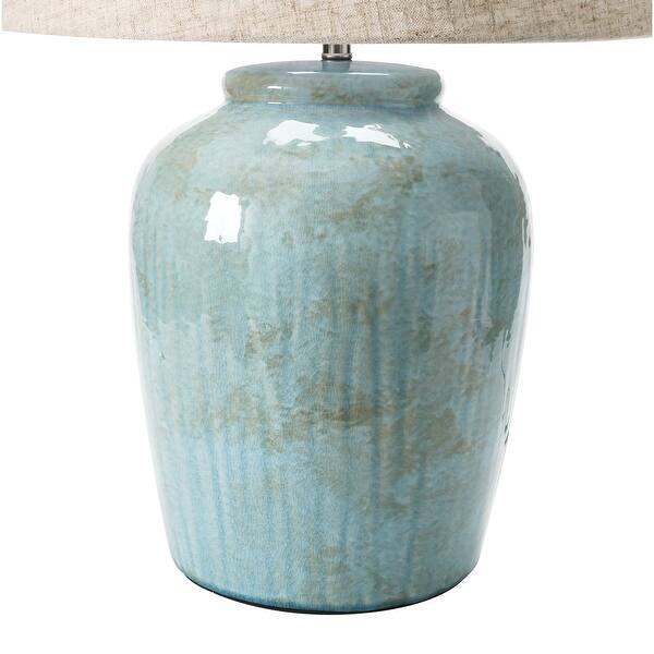Coastal Aqua Blue Ceramic Stoneware Table Lamp with Natural Ivory Linen ...