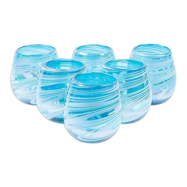 NOVICA Artisan Handblown Stemless Wine Glasses Turquoise White Blue ...