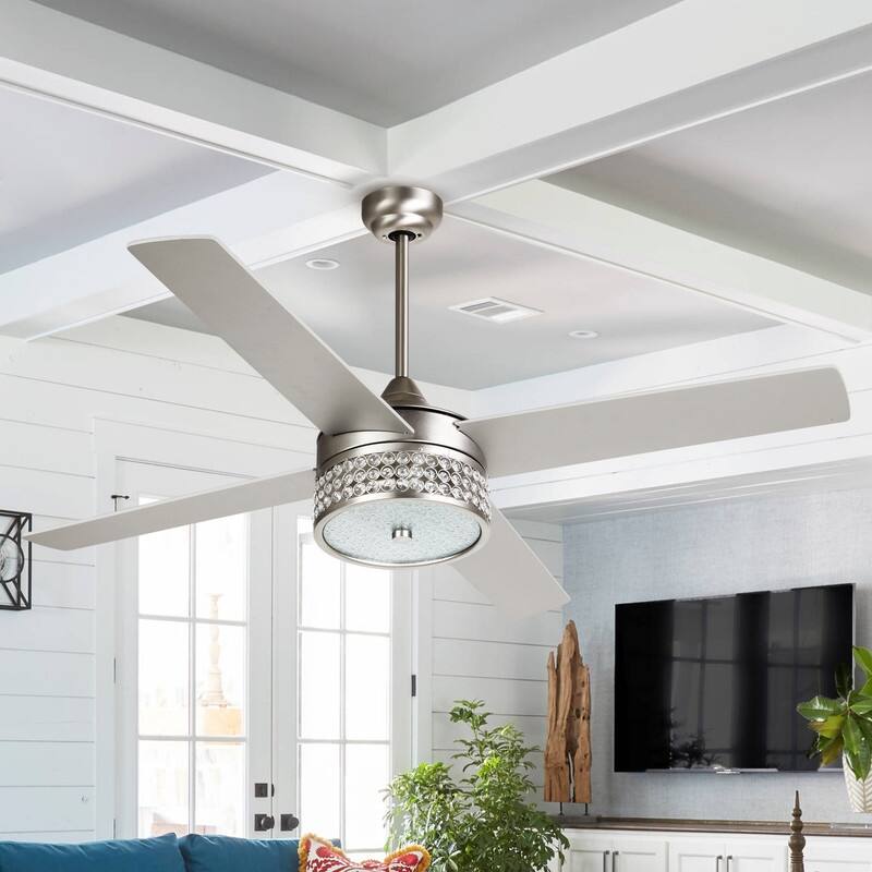 52 Inch Satin Nickel Ceiling Fan with Light and Remote Crystal - Bed ...