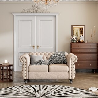 Upholstered Sofas with Wood Legs Rolled Arm Accent Sofa Tufted Buttoned ...