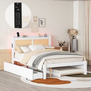 Queen Size Platform Bed Frame, Pull-Out Bed with Rattan Headboard - Bed ...