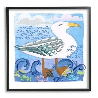 Stupell Whimsical Seagull Bird Layered Ocean Waves Painting Framed Wall ...