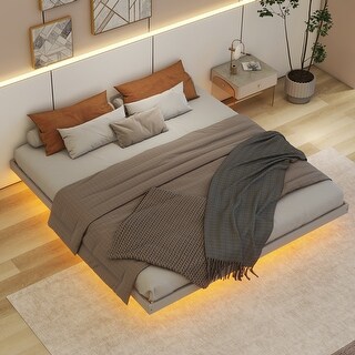 King Size Floating Bed with LED Lights Underneath, Grey - Bed Bath ...