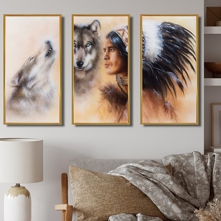 Designart "Indian Warrior with Two Wolves" Animal Framed Canvas Wall ...
