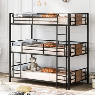 Triple Metal Bunk Bed with Full-Length Guardrails and Low Bunk Design ...