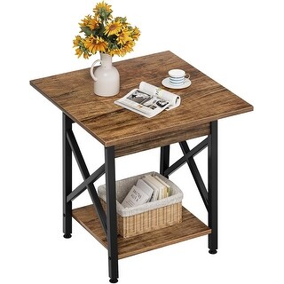 24-inch Square End Table with X-Frame, 2-Tier Storage, Rustic Walnut ...