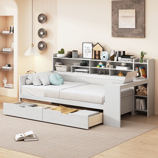 Full Twin Size Daybed with Storage Shelves Multi functional Bed with Two Storage Drawers and Study Desk On Sale Bed Bath Beyond 40819001