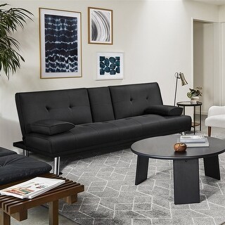 Modern Fabric Reclining Futon with Cupholders and Pillows, Black - Bed ...