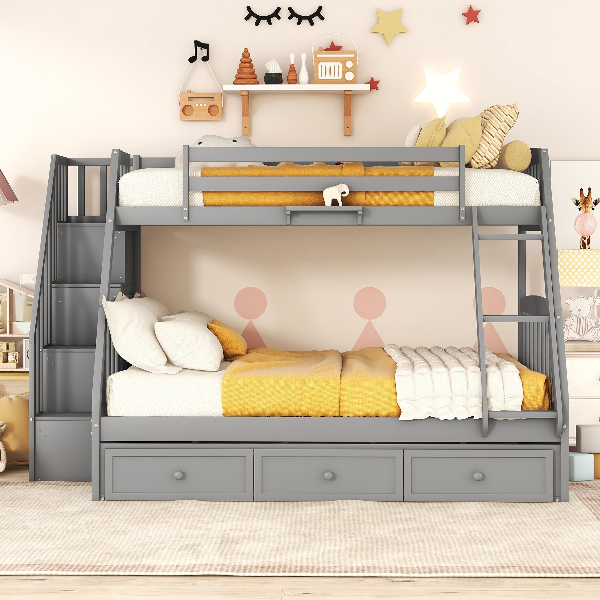 Twin Over Full Bunk Bed with Drawers Ladder and Storage Staircase Triple Drawers Separable into Twin and Full Beds Gray