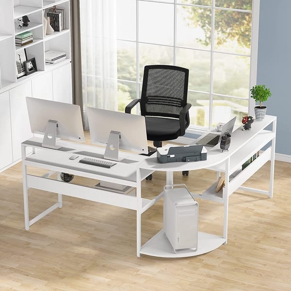 L-Shaped Computer Desk with Monitor Riser & 3-Tier Corner Shelf - Bed ...