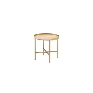 22" Round Oak Wood End Table with Gold Metal and Removable Tray Top for ...