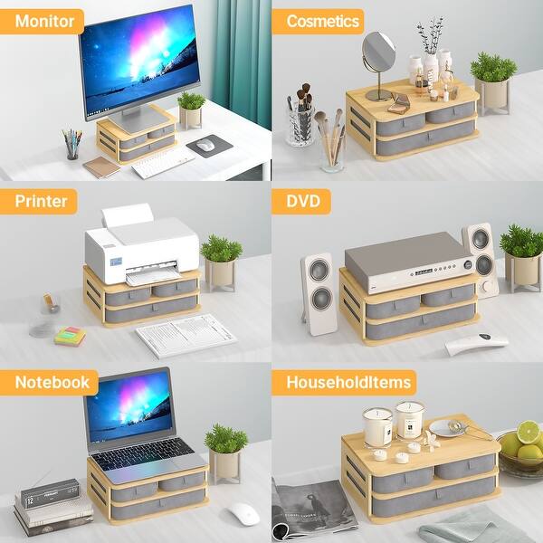 Gezen Bamboo Monitor Stand Riser with Storage Drawers, Desk Organizer ...