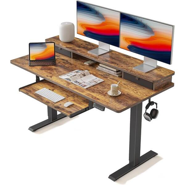 FEZIBO Standing Desk with Drawers, Adjustable Height Desk with Keyboard ...