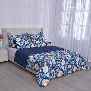 HOMESMART Navy Digital Flower Print Polyester 5pcs Comforter Set Gifts ...