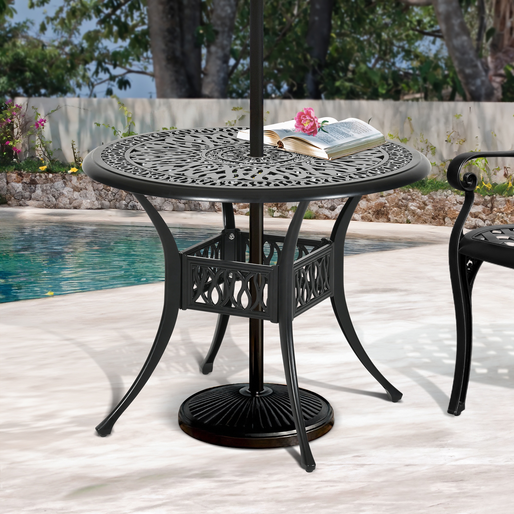 Moasis 30.7 Round Antique Cast Aluminum Outdoor Patio Dining Table with Umbrella Hole Black