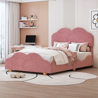 Velvet Fabric Upholstered Platform Bed with Cloud Shaped Bed Board ...