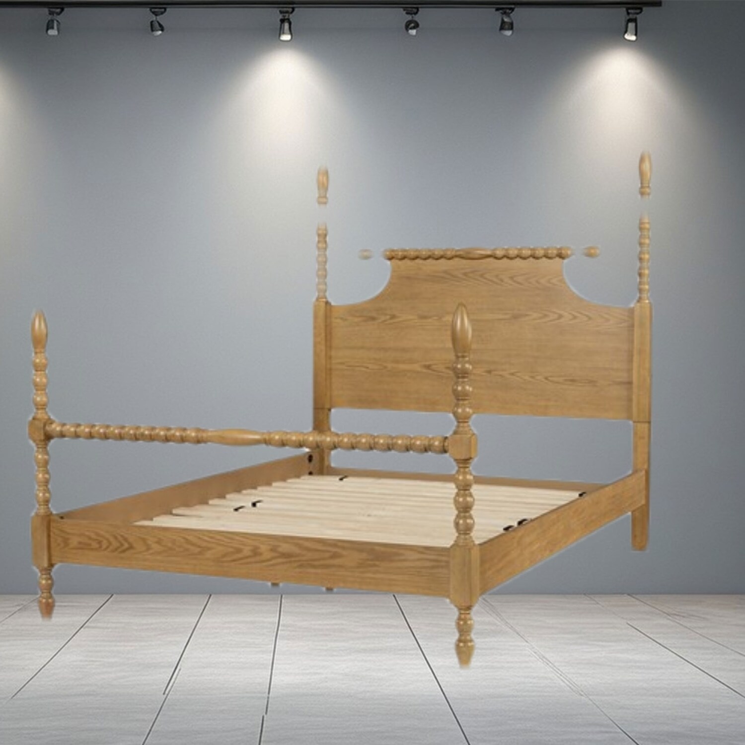 Beckett Queen Bed with Traditional Turned Post Design Solid Wood Frame and Elegant Camel Oak Finish