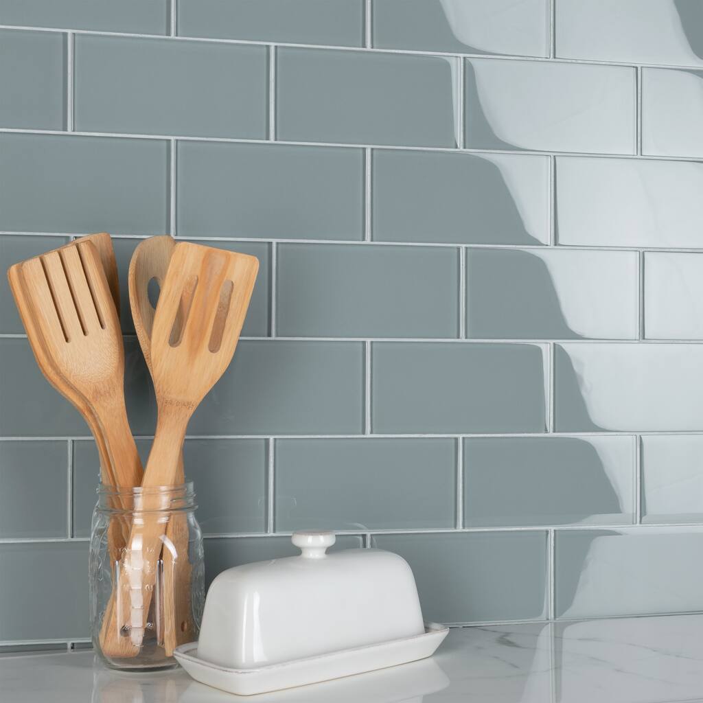 Merola Tile Tessera Subway Blue Smoke 3" x 6" Glass Wall Tile ...