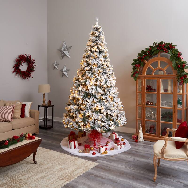 9' Flocked West Virginia Fir Artificial Christmas Tree, Warm Clear LED ...