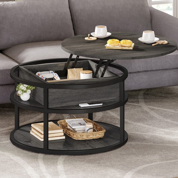 Moasis Round Lift Top Coffee Table with Hidden Storage and Shelf - On ...