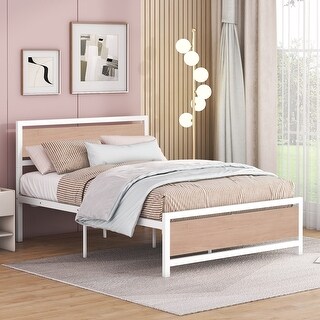 Full Size Platform Bed with Metal Frame and Oak Wood Headboard, No Box ...
