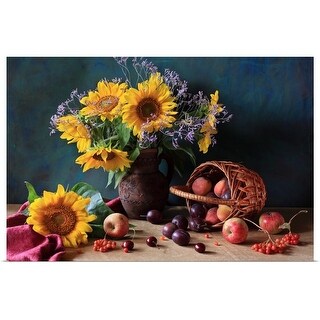 "Summer still life with sunflowers, apples, peaches, plums, rowan ...