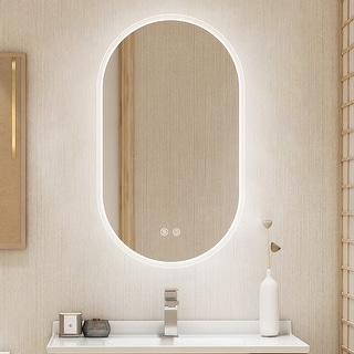 26X18 Inch Three-color Smart Bathroom Mirror with Light, Frameless Oval ...