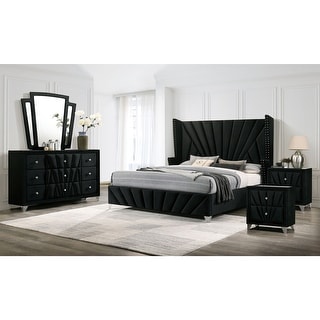 Ambrosia Glam Black Fabric Upholstered Nailhead 5 Piece Panel Bedroom Set by Furniture of America Bed Bath Beyond 36004389