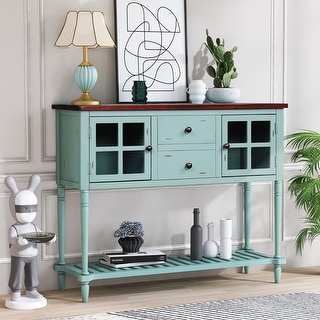 Farmhouse Distressed Sideboard Buffet Console Table with 2 Glass Front ...
