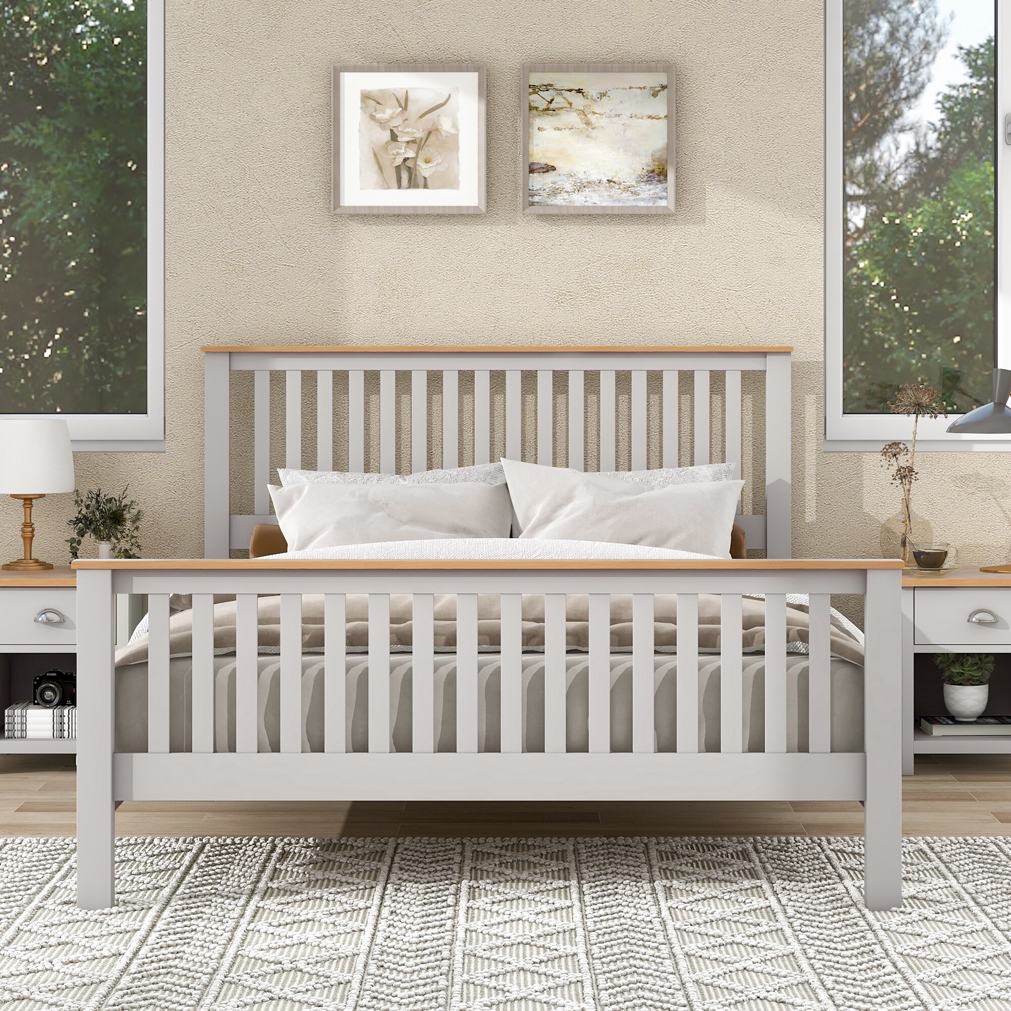 Queen Wood Platform Bed with Headboard Footboard Solid Wood Single Bed Fram w Wood Slat Support for Kids Teens Adults Grey