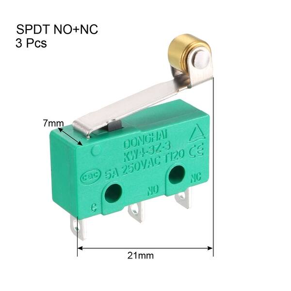 3PCS KW4-3Z-3 Micro Limit Switch SPDT NO NC 3 Terminals Hinge Roller Lever Green - Roller 3PCS ...