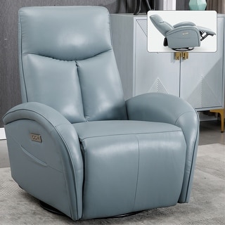 Blue Genuine Leather Swivel Rocker Power Recliner Chair with Lumbar ...