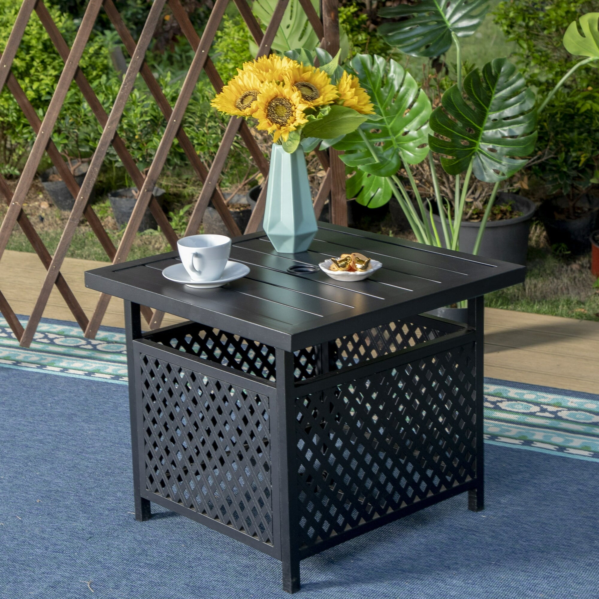 Outdoor Bistro Side Table Patio Umbrella Stand Table Black