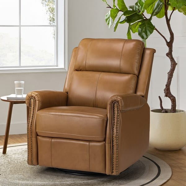 Renato Traditional Genuine Leather Nailhead Power Swivel Recliner with ...